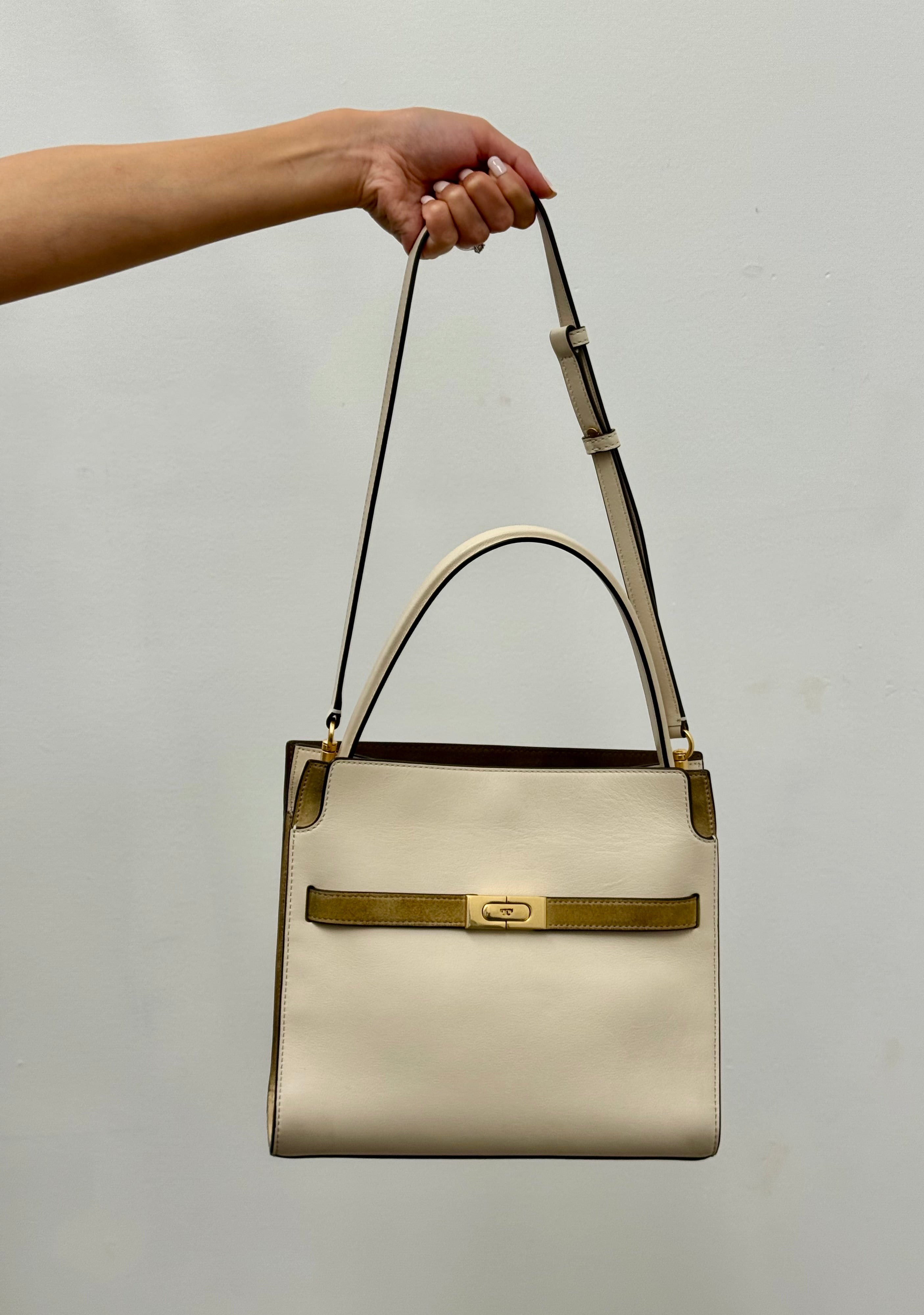 Tory Burch Lee Radziwill Small Double Bag Cream Leather with Suede Gus ...